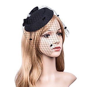 Fascinators Hats 20s 50s Hat Pillbox Hat Cocktail Tea Party Headwear with Veil for Girls and Women(C-black)