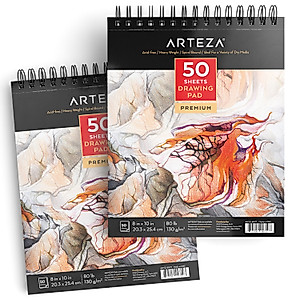 ARTEZA Drawing Paper Pad, 8 x 10 Inches, Pack of 2, 50 Sheets Each, Spiral Bound Artist Drawing Books, Durable Acid Free White Sketch Paper