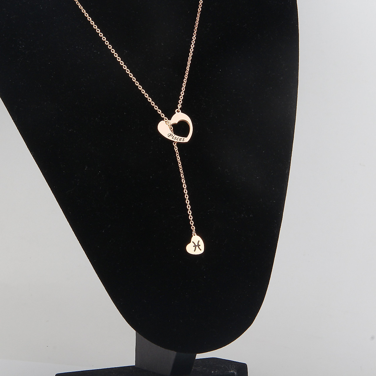 ENSIANTH Rose Gold Zodiac Signs Heart Necklace Stainless Steel Lariat Y Necklace Best Birthday Gift (Pisces)