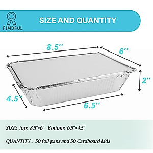 Aluminum Pans with Lids (50-Pack, 8.5"×6") 2.25 LB Capacity Foil Food Containers with Lids - 50 Pans and 50 Cardboard Covers - Disposable Tin Foil Pans - for Baking, Meal Prep and Freezer, Takeout