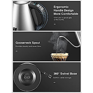 Electric Gooseneck Pour Over Coffee Kettle with Coffee Dripper, Yabano Variable Temperature Control Kettle for Drip Coffee and Tea, Stainless Steel, LED Display, Auto Shut-off and Keep Warm, 1000W