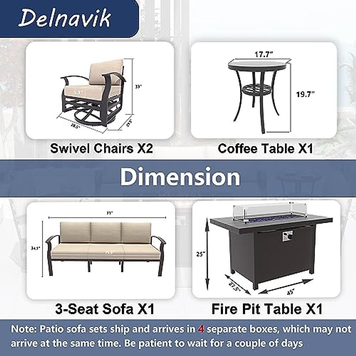 Delnavik Patio Furniture Set,5 Pieces Modern Outdoor Conversation Set w/43in Gas Fire Pit Table, Outdoor Metal Sectional Sofa with 55000 BTU Propane Fire Pit, Sand