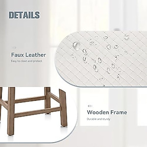 Erste!Bravo White Solid Wood Bar Stools Set of 2 for Kitchen Counter Counter Height Coastal Barstools with Faux Leather Farmhouse Upholstered Stools for 34"-38" Island, Creamy White Cushion, Wood Legs