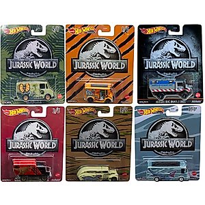 Hot Wheels World Dino Cars Jurassic Dominion Beasts Bundled with Dinosaur Vehicle Premium Cars + Monster Truck / Bus / Van / Off Road + MERC Benz Unit 6-Items, Multi