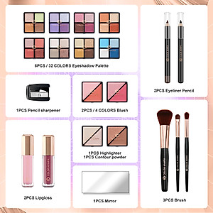 Color Nymph Beginner Makeup Kit For Girls With Train Case, Full Starter Cosmetics Makeup Set Included Included 32 Colors Eyeshadow, Bronzer, Contour Powder, Blush, Highlighter, Lip Gloss (Pink)