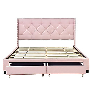 Livavege Upholstered Bed Frame Queen Size with 2 Storage Drawers and Button Tufted Headboard, Modern Queen Platform Bed with Wooden Slats Support, Bedframe No Box Spring Needed, Pink