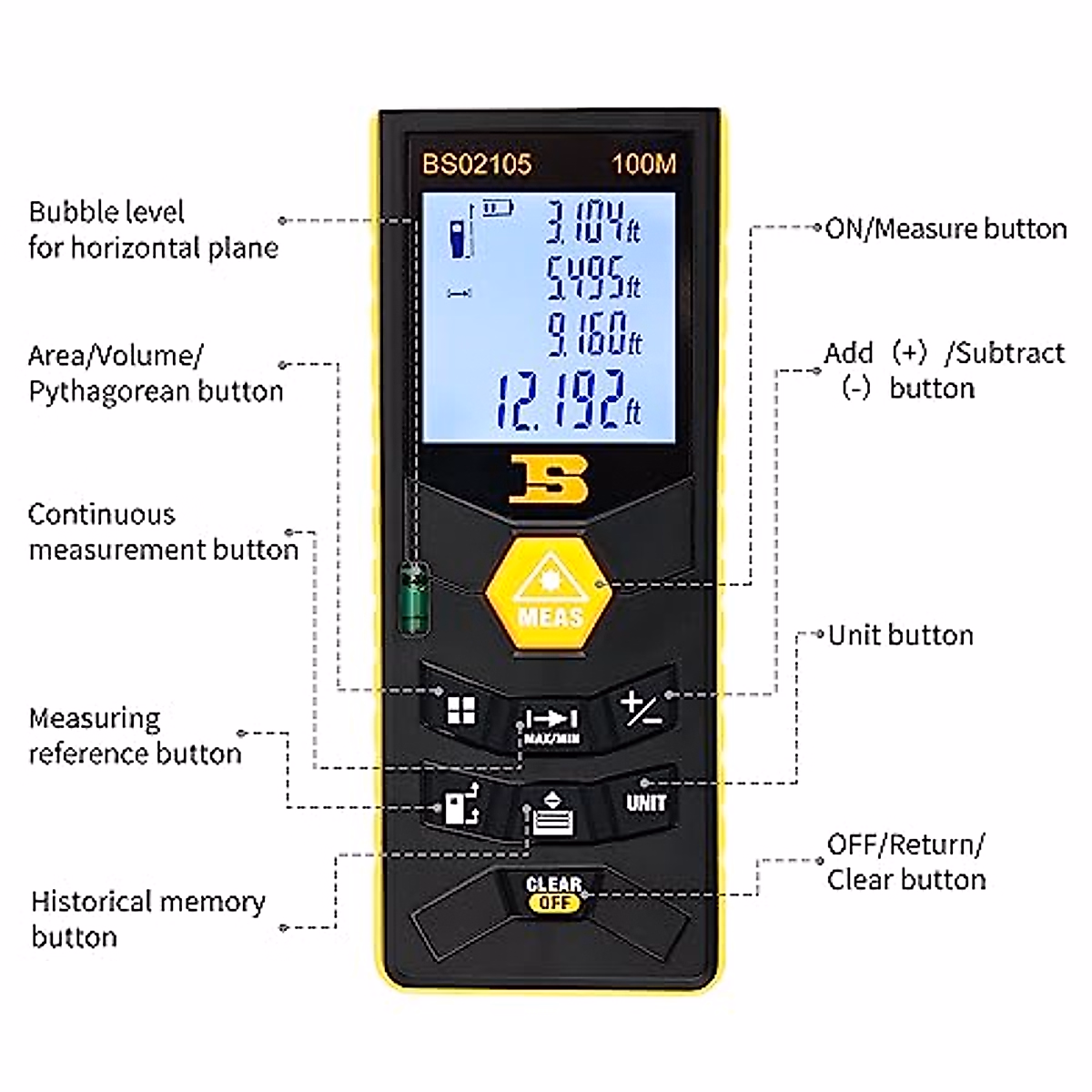 B BOSI TOOLS Laser Measurement Tool, High Accuracy 328FT Digital Laser Measure Distance Meter, Unit Switching with Backlit LCD and Bubble Level Hand Strap Battery for Area Volume Measurement M/in/Ft
