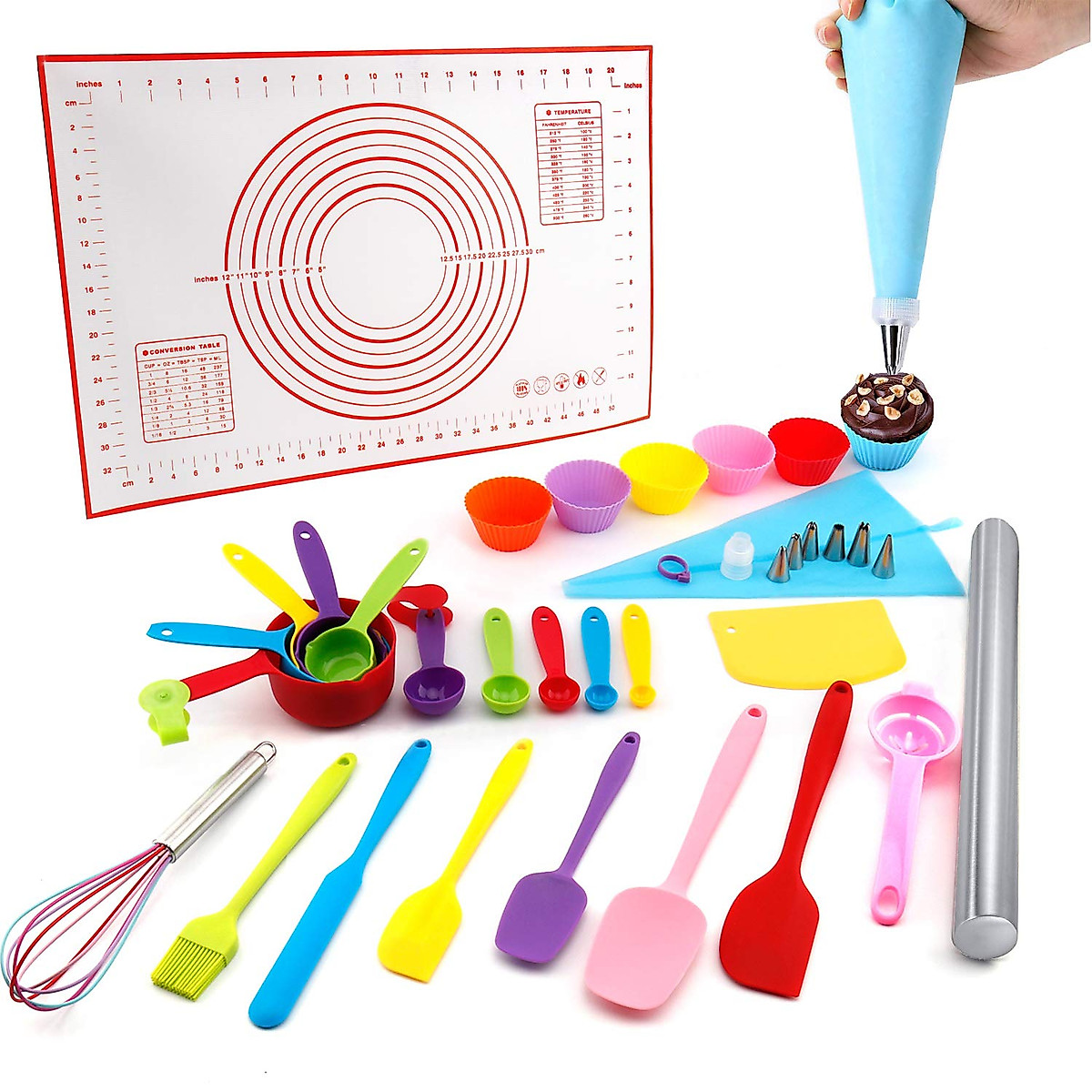 Baking Supplies - Silicone Spatulas Set, Rolling Pin, Pastry Mat, Silicone Baking Cups, Piping Bags and Tips, Measuring Cups and Spoons, Baking Set for Kids Teens Adult Beginner