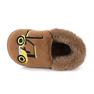 ESTAMICO Boys Girls Warm Slippers Cartoon Truck Kids Winter Indoor Household Shoes, Khaki 9-10 Toddler