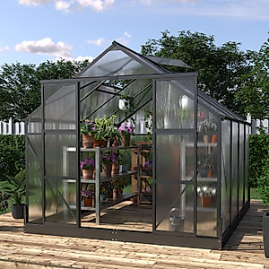 AMERLIFE 8x10x7.5 FT Polycarbonate Greenhouse 2 Sliding Doors 2 Vent Window Walk-in Premium Greenhouse Storage Shed Sunroom Aluminum Large Hot House for Outdoor Garden Backyard Matte Black
