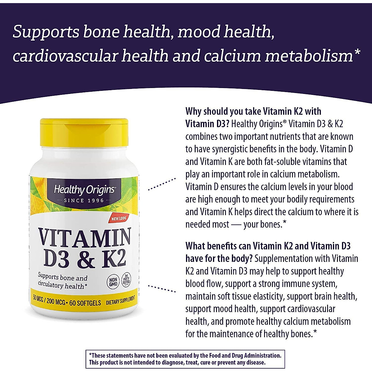 Healthy Origins Vitamin D3 & K2 - Vitamin D3, 50 mcg - Vitamin K2, 200 mcg - Easily Absorbable Vitamin D & Vitamin K Supplements - Non-GMO & Gluten-Free Supplements - 180 Softgels