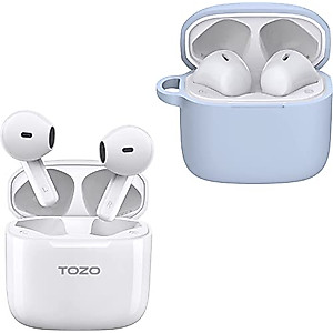 TOZO A3 Wireless Earbuds Bluetooth 5.3 Half in-Ear Lightweight Headsets White & TOZO A3 Protective Silicone Case Blue