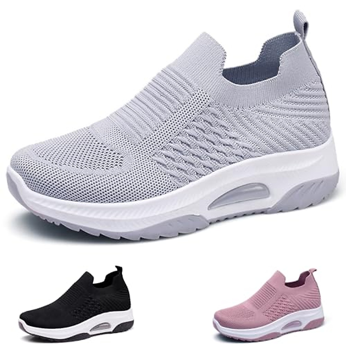 Women's Knitted Mesh Slip On Sock Sneakers,Breathable Upper Lightweight Platform Walking Nursing Shoes with Arch Support for Plantar Fasciitis (Grey,9)