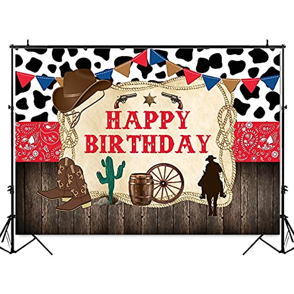 Mocsicka Western Cowboy Happy Birthday Backdrop Rustic Old West Rodeo Cowboy Background Red Bandana and Rustic Wood Kids Birthday Party Decoration Banner (7x5ft (82x60 inch))