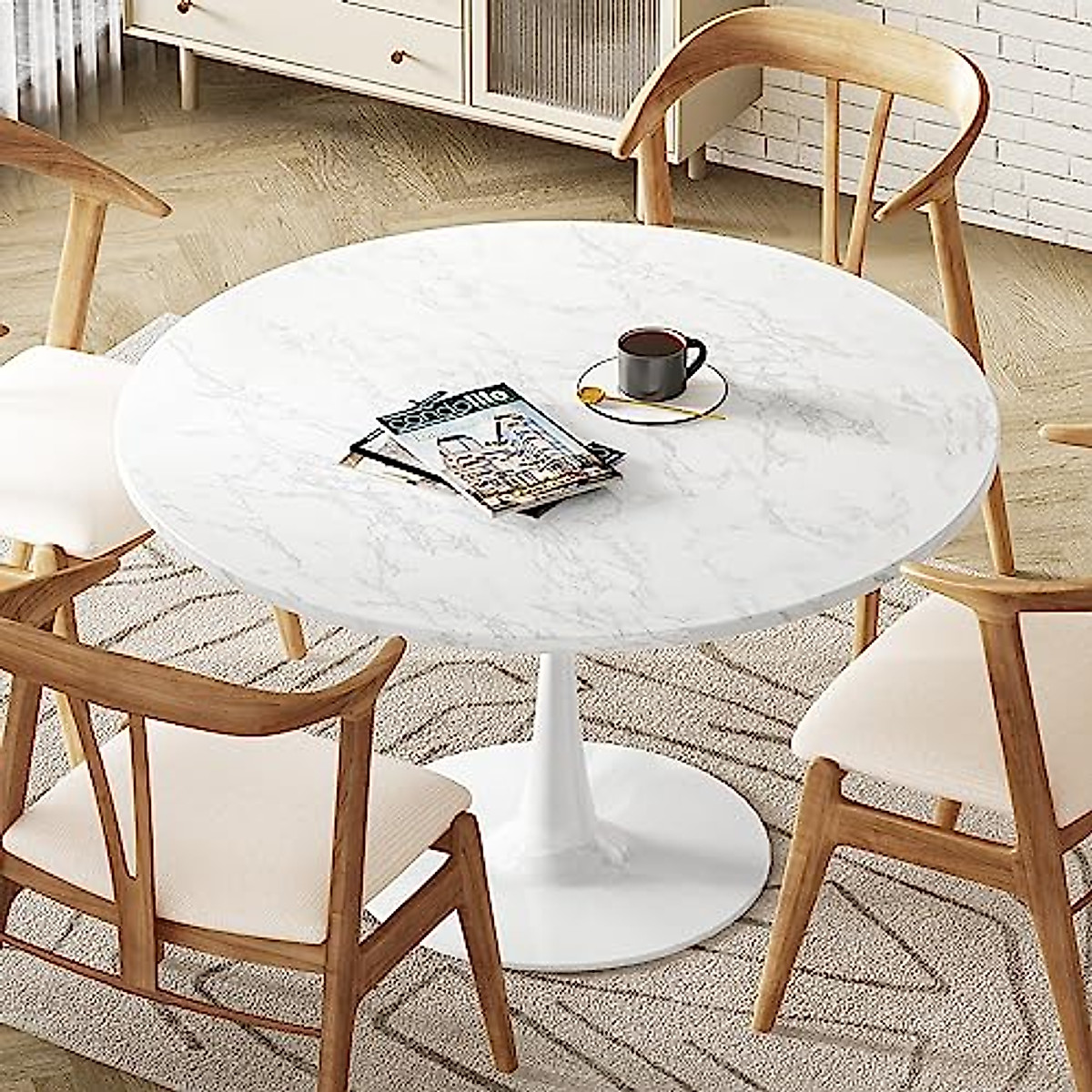 DKLGG White Marble Round Dining Table, 31.5" Tulip Table Kitchen Dining Table for 2-4 People with MDF Table Top & Pedestal Base, Mid-Century End Table Leisure Coffee Table Office Living Room Table