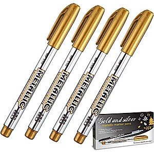 4 Pieces Metallic Marker Pens, Metallic Paint Pen Markers Suitable for Cards Writing Signature Lettering Metallic Painting Pens (Gold)