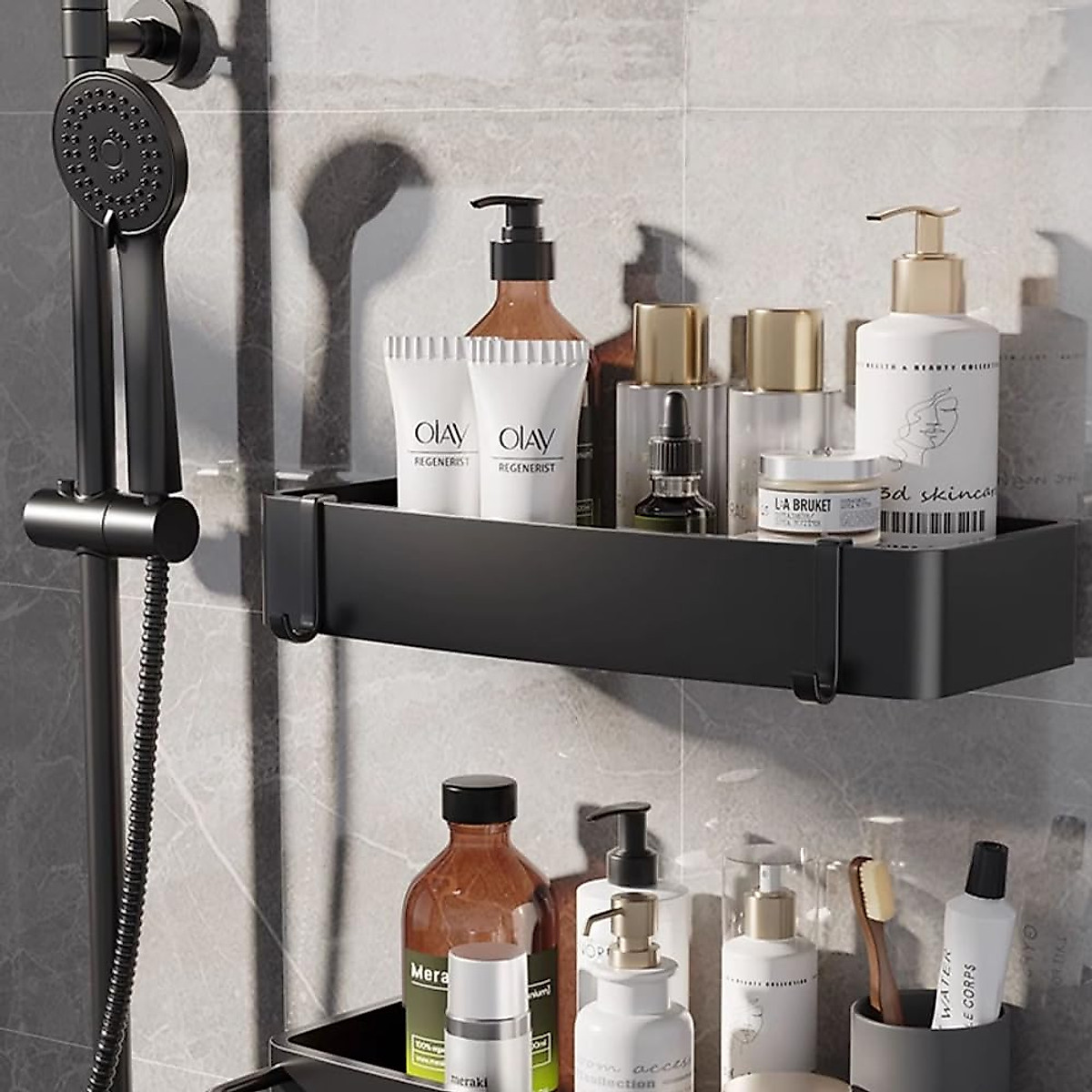 BOZWELL Shower Caddy 2 Pack,Black Adhesive Shower Organizer,Large Capacity for Bathroom Storage&Home Decor&Kitchen,No Drilling with 2 Movable Hooks,Bathroom Shower Accessories 1087-B-2