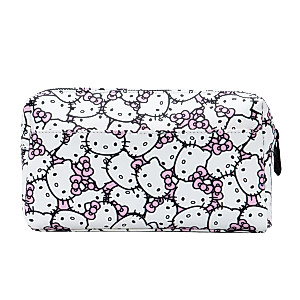 Impressions Vanity Hello Kitty Cosmetic Pouch with Waterproof Faux Leather, Zippered Bag For Travel Size Toiletries, Makeup Bag Organizer With Inside Pocket With Extra Slip Pocket (White/Pink)