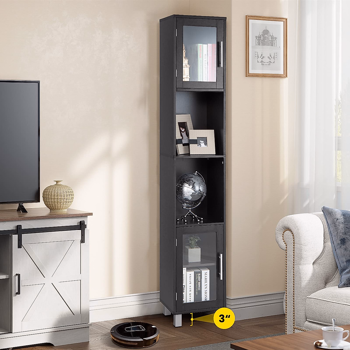 Tangkula Tall Bathroom Cabinet, Home Living Room Wood Storage Cabinet Free Standing w/ 4 Shelves and 2 Glass-Paneled Doors Suitable Tall Bathroom Cabinet