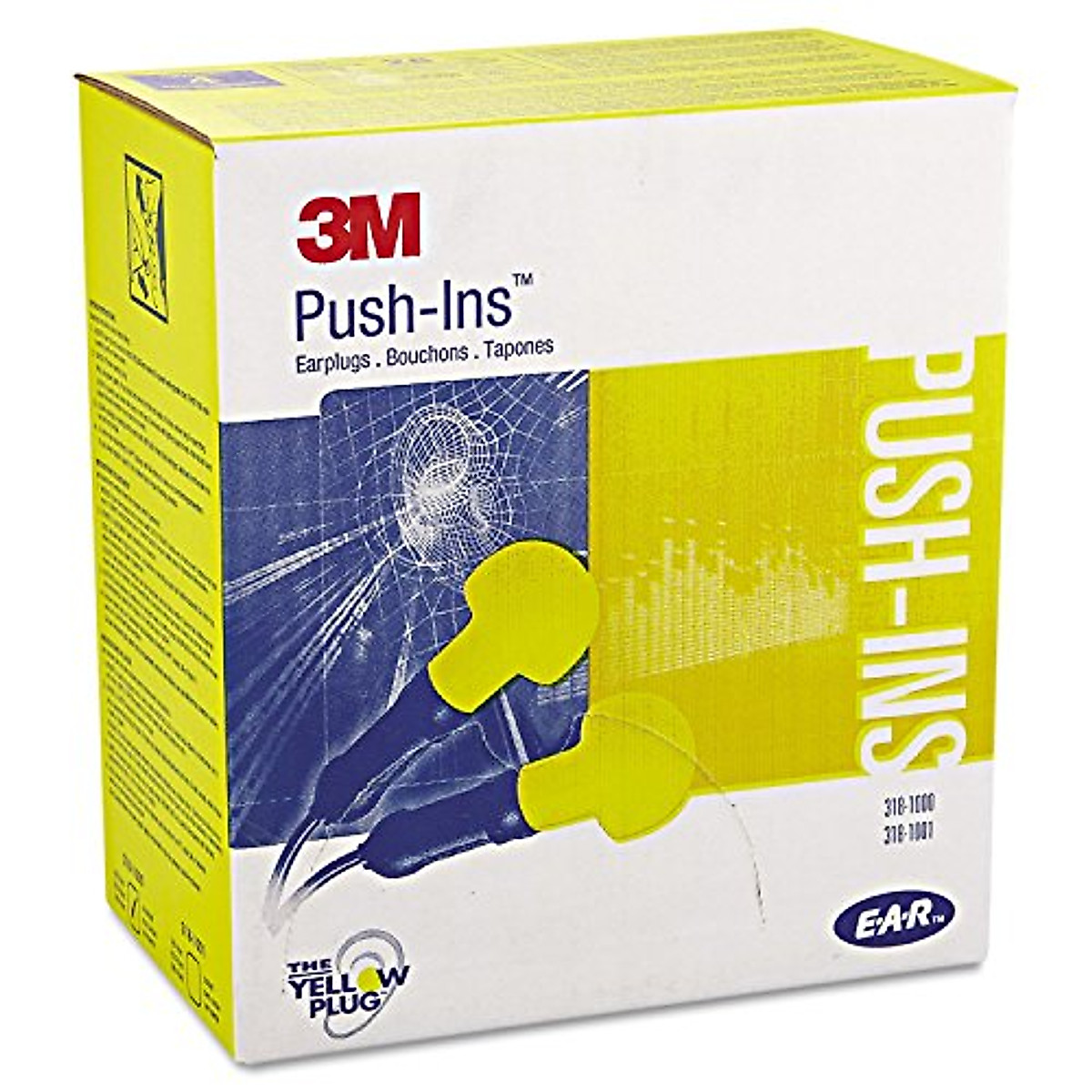 3M 3181000 E A R Push-Ins Earplugs, Cordless, 28nrr, Yellow/Blue, 100 Pairs