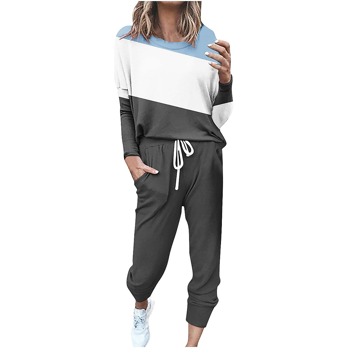 JMMSlmax Lounge Sets for Women 2 Piece Long Pants Outfit Lightweight Long Sleeve Crewneck Pullover Tops Long Pants Tracksuit