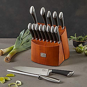 Chicago Cutlery Fusion 17 Piece Kitchen Knife Set with Wooden Storage Block, Cushion-Grip Handles with Stainless Steel Blades that Resists Stains, Rust, and Pitting