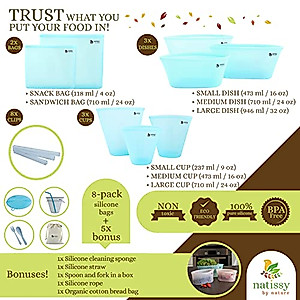 Reusable Silicone Bags, 8 Pack Leakproof Reusable Food Storage Bags, BPA free, Plastic Free Reusable Freezer Bags, Reusable Baggies for Sandwich, Silicon Pouch for Snack & Sous Vide Cooking (8-Pack, Blue color)