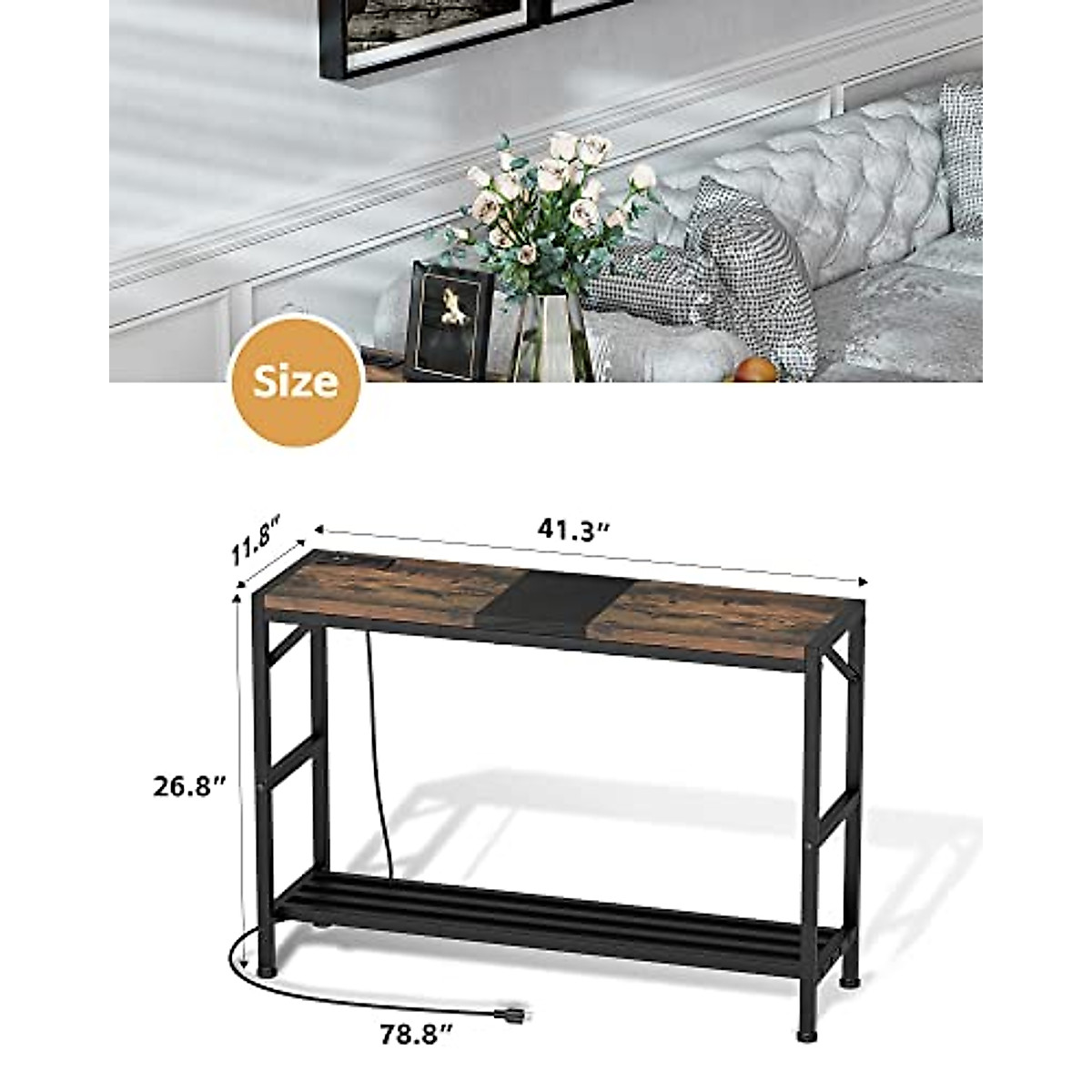 Egepon Console Table Sofa Table with Power Outlet, 41.3" Entryway Table with Shelves, Entrance Table for Entryway, Living Room, Foyer, Corridor, Front Hall, Coffee Bar, Kitchen, Rustic Brown and Black