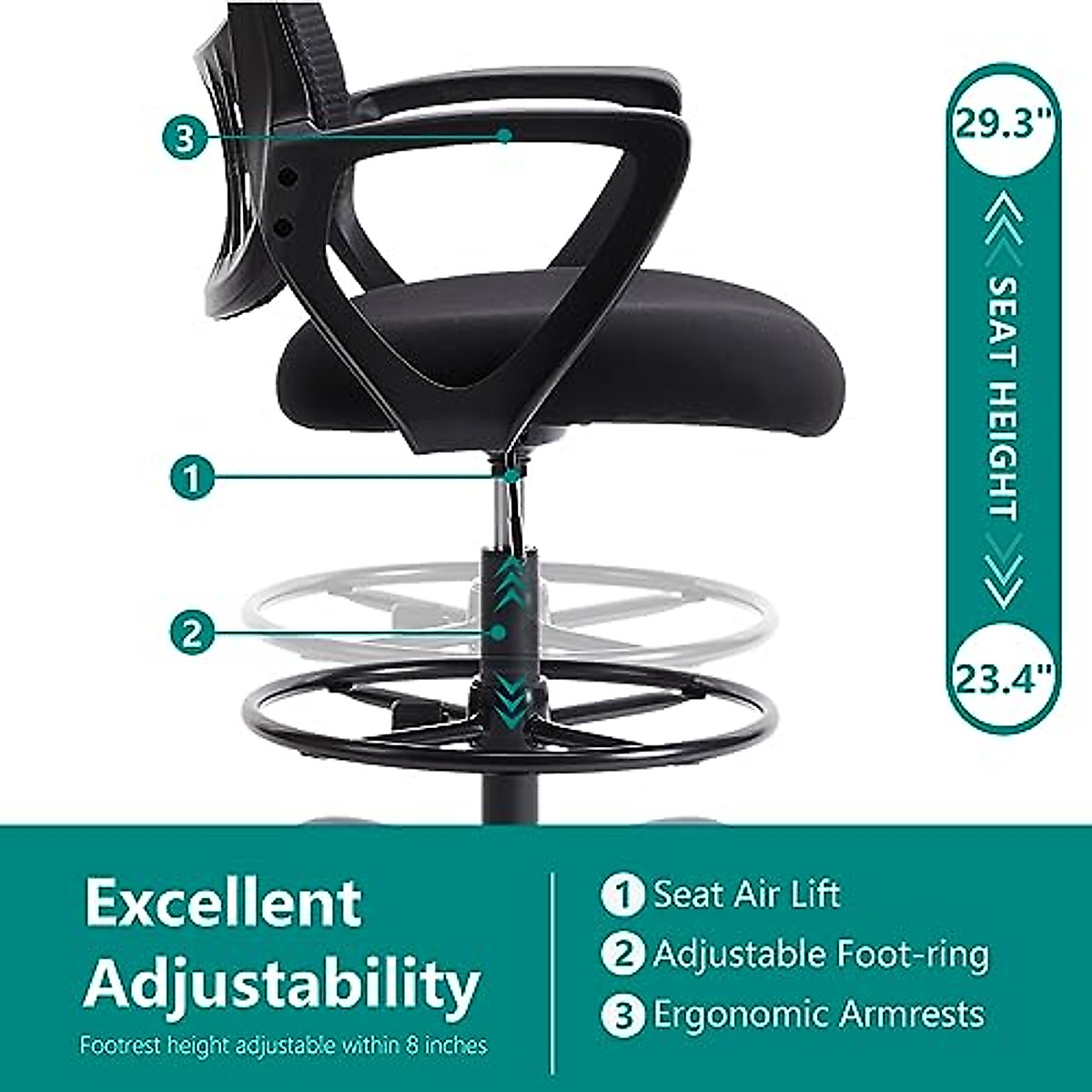 JHK Drafting Standing, Tall Desk Counter Height Adjustable Office Chairs with Comfortable Padded Armrests, Black