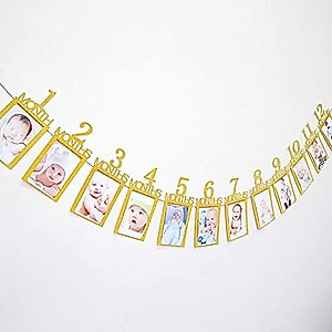 Baby First Birthday Banner, 1st Birthday Decorations, Recording Baby From 1 To 12 Month Growth Photo Supplies, Gold Glitter First Birthday Party Sign Bunting