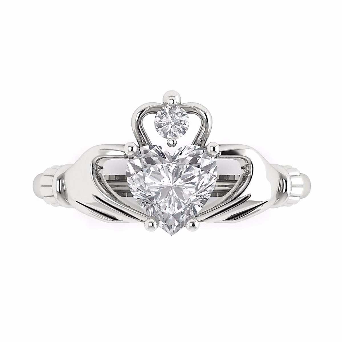 1.06 Ct Brilliant Heart Cut Clear Simulated Diamond 14K White Gold Solitaire Claddagh Engagement Promise Bridal Ring Size 4
