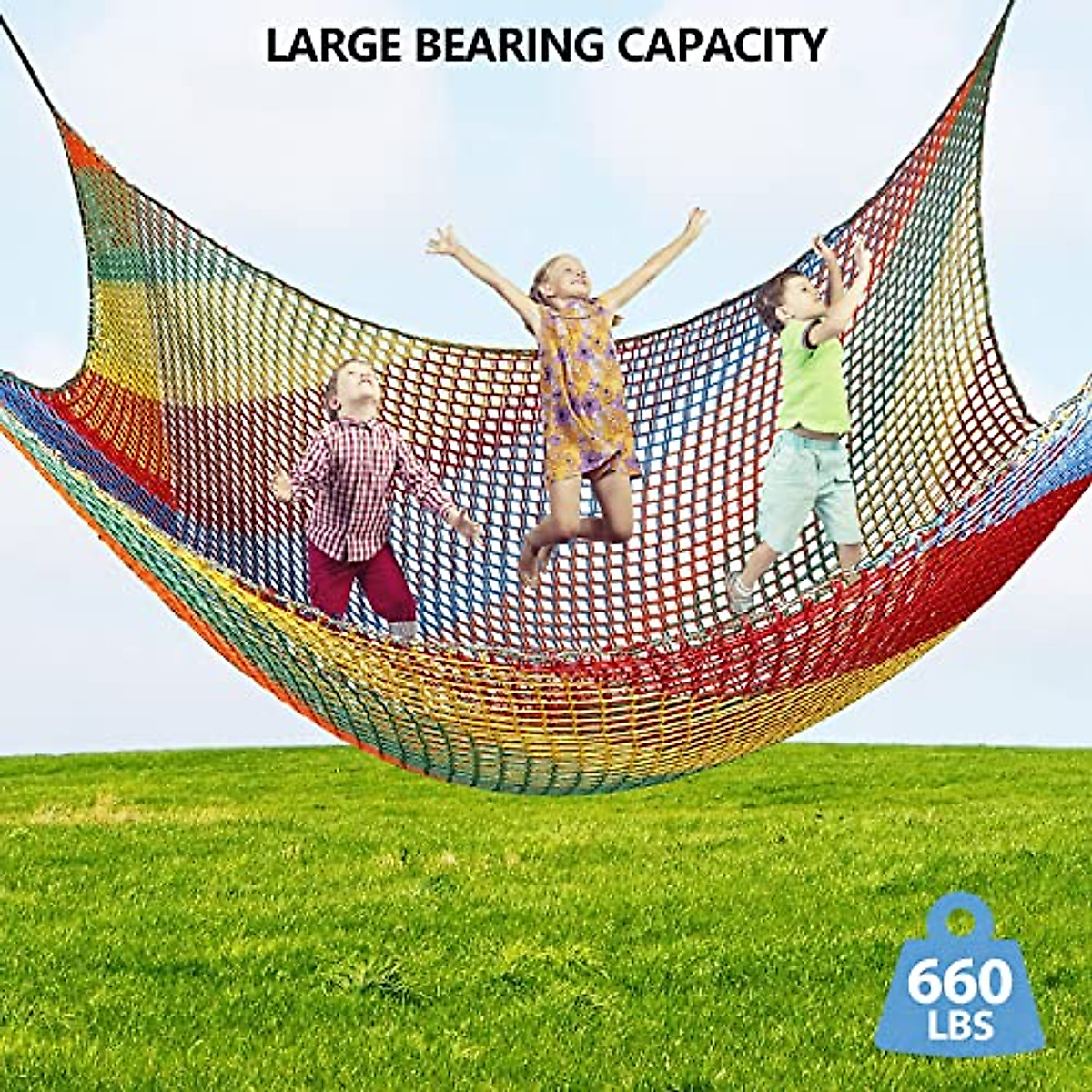 Toriexon Playground Safety Net 14.7' X 9.8', Double Layers Climbing Cargo Net for Kids, Multicolored Playground Net for Obstacle Training, Tree House, Back Yard etc.