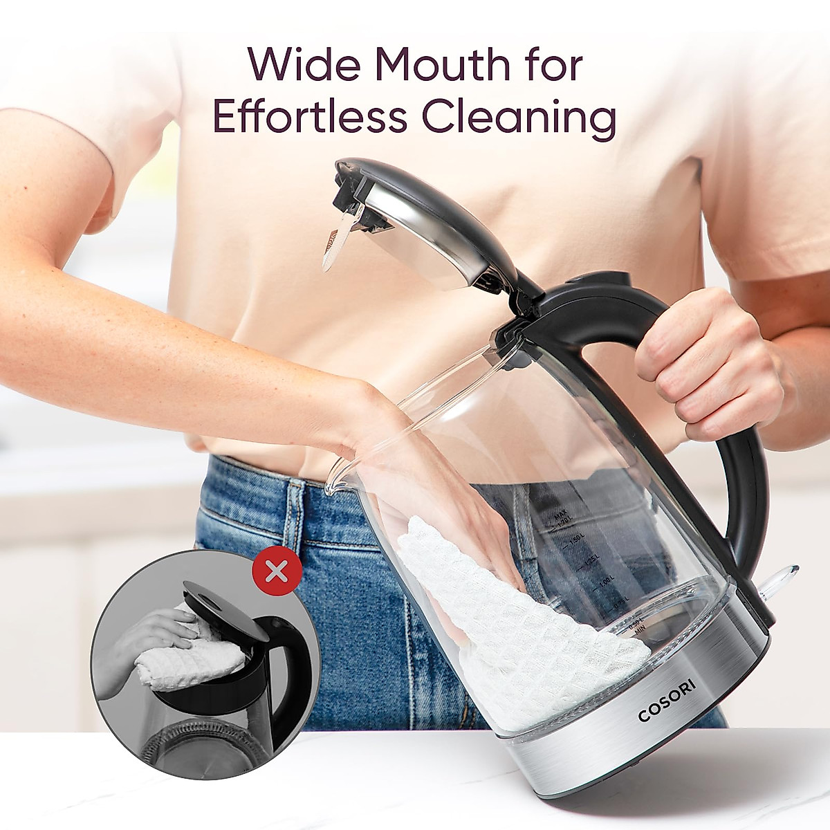 COSORI Electric Kettle with Stainless Steel Filter and Inner Lid, 1500W Wide Opening 1.7L Glass Tea Kettle & Hot Water Boiler, LED Indicator Auto Shut-Off & Boil-Dry Protection, BPA Free, Matte Black