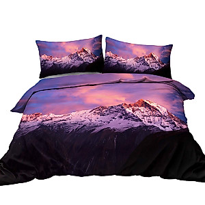 BlessLiving Mountain Sunset Bedding Purple Decorative 3 Piece Duvet Cover Set with 2 Pillow Shams for Adults Teens Boys Girls (Queen)