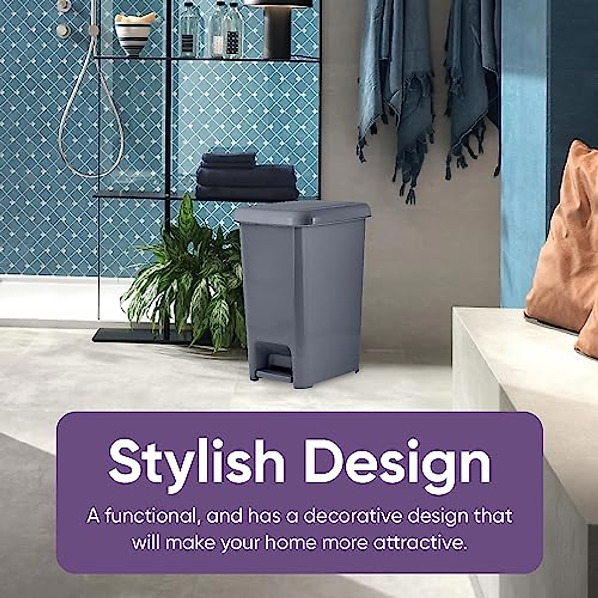 Superio Slim Trash Can with Foot Pedal – 10.5 Gallon Step-On Trash Can with Lid, Large Plastic Garbage Can, Trashcan for Bathroom, Kitchen, Office,Bedroom, Dorm Room, Patio, – Onyx Grey