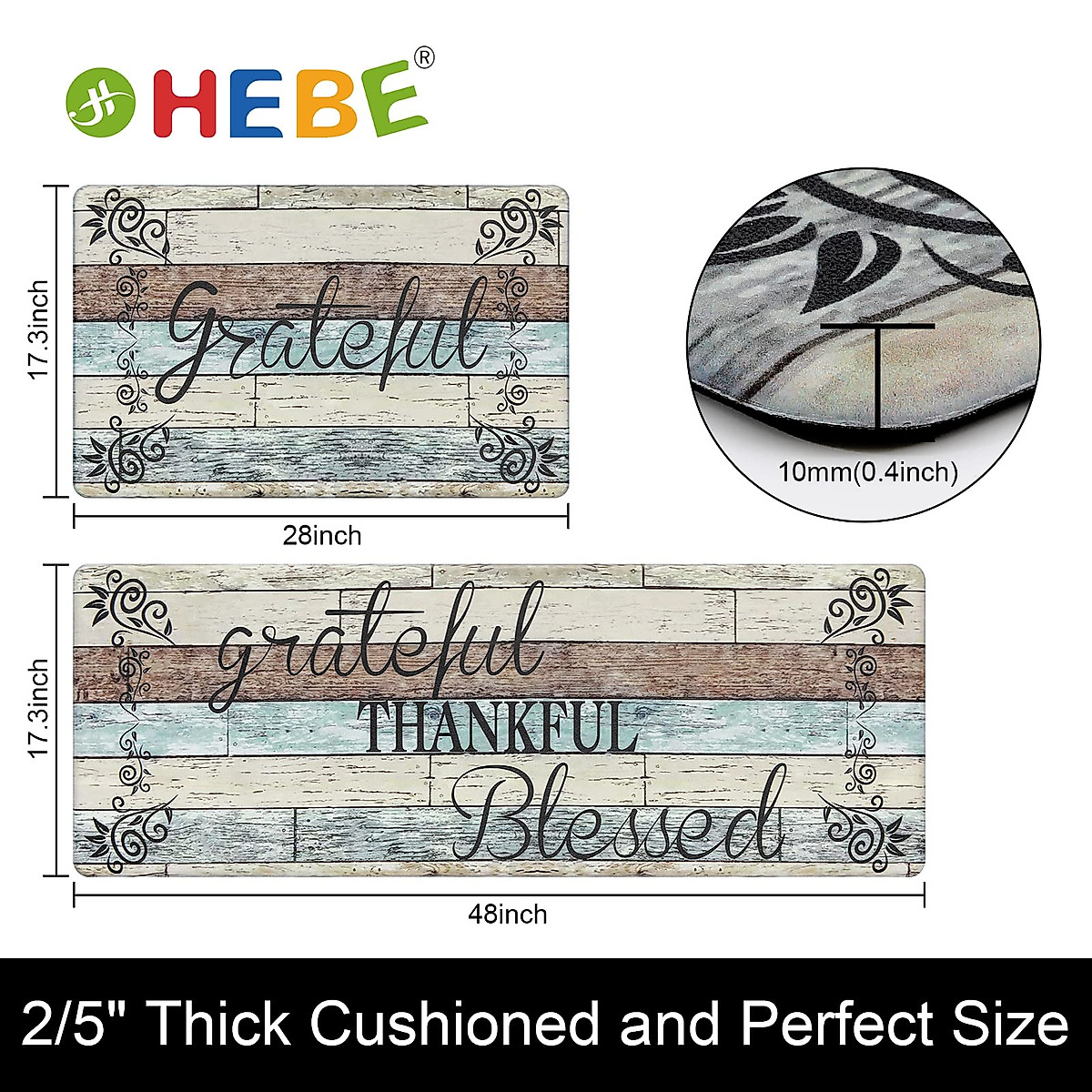 HEBE Anti Fatigue Kitchen Mat Set of 2 Non Slip Cushioned Kitchen Mats for Floor Waterproof Farmhouse Kitchen Rugs and Mats Set Comfort Standing Desk Mat Carpet for Sink,Office,Laundry