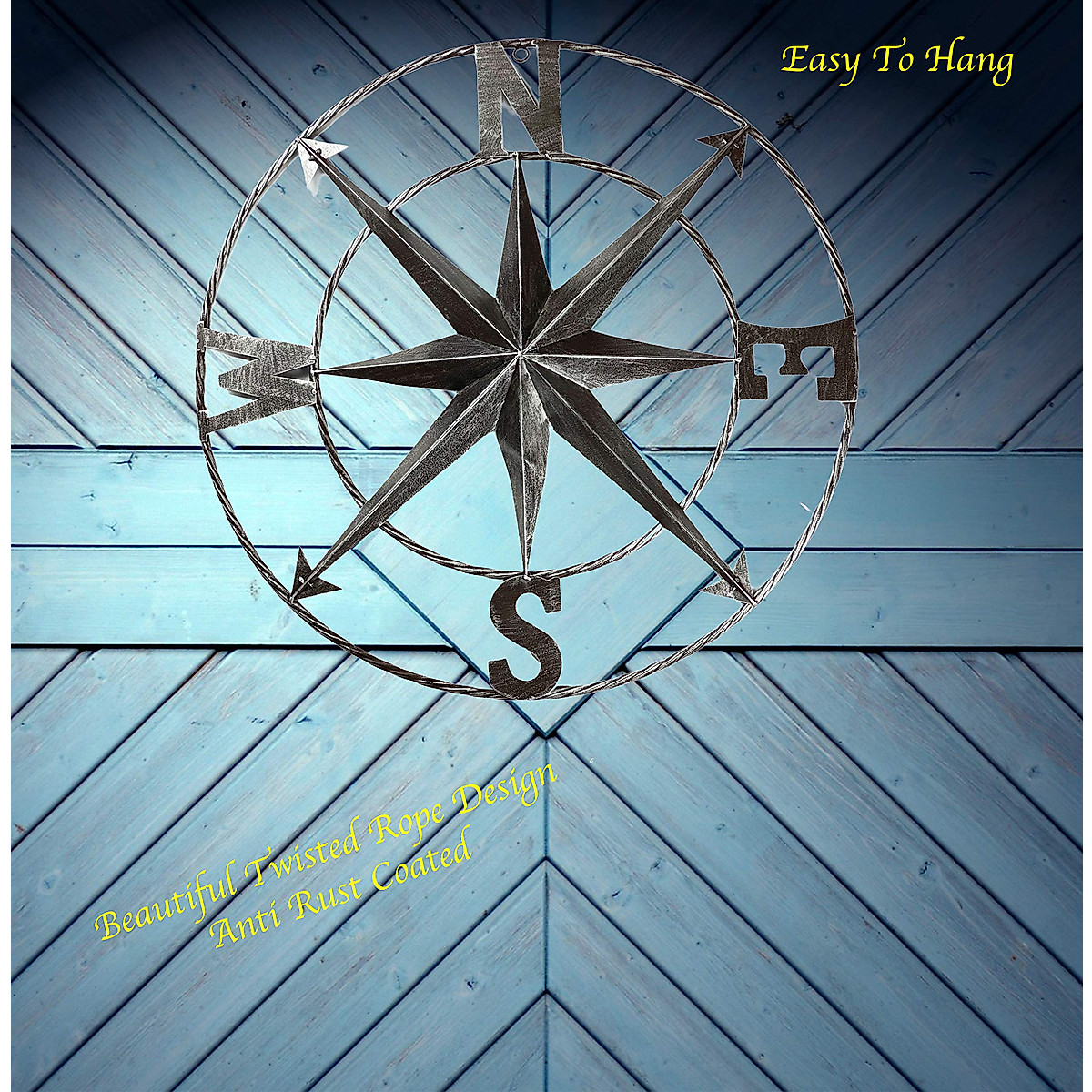 Urbalabs 24 Distressed Metal Wall Art Compass Home Nautical Decor Metal Art Decoration Bedroom Living Room Garden Office Wall Hanging Beach Decor Compass Rose Silver and Black (24)