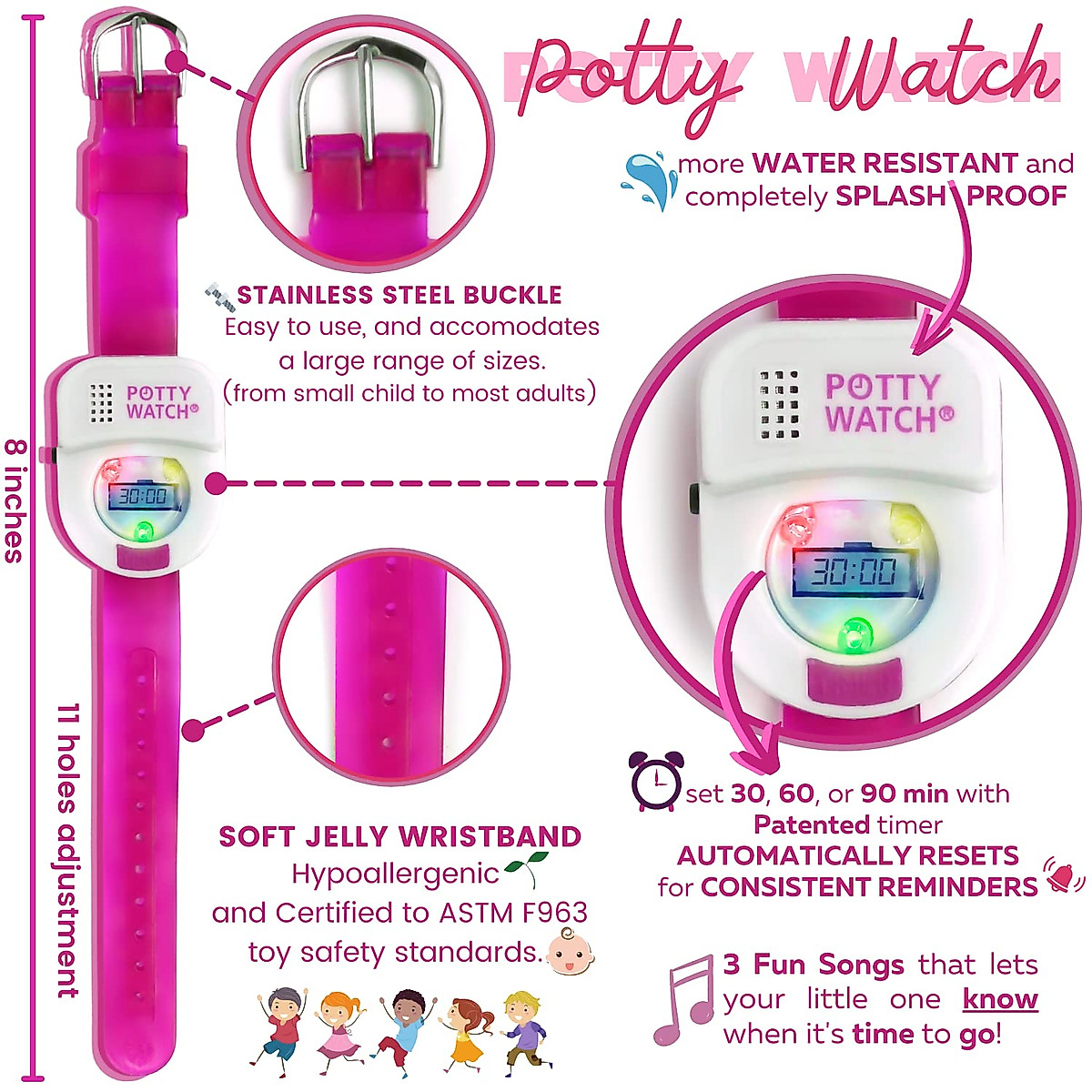 Potty Time:The Original Potty Watch|Water Resistant,Toilet Training Aid,Warranty(30|60|90 Min Auto Timers w/Music & Flashing Lights for Fun & Gentle Reminders) Pink, Pond Sticker Chart & Battery Kit