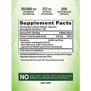 Cranberry Concentrate Plus Vitamin C | 30,000mg | 200 Quick Release Capsules | Non-GMO & Gluten Free Supplement | by Nature's Truth