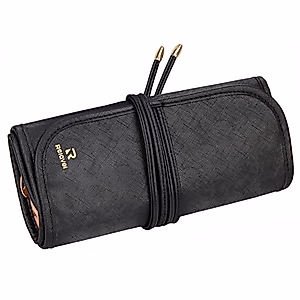 Relavel Makeup Brush Rolling Case Makeup Brush Bag Pouch Holder Cosmetic Bag Organizer Travel Portable Cosmetics Brushes Black Leather Case with Small Clear Bag