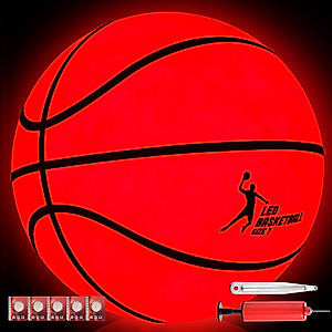 Meanplan Glow in The Dark Official Size Basketball for Teen Boys Girls with 2 LED Lights, Rubber, Unisex-Youth, Long Battery Life, Indoor Outdoor Use (Black/Red)