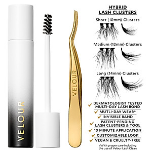 Velour-Xtensions™ Lash Clusters Kit - DIY Lash Extension Kit at Home, Salon Quality Lashes in 10 Minute – Includes 12 Eyelash Clusters (10mm-14mm) + Lash Bond + Lash Applicator – Individual Lashes Kit