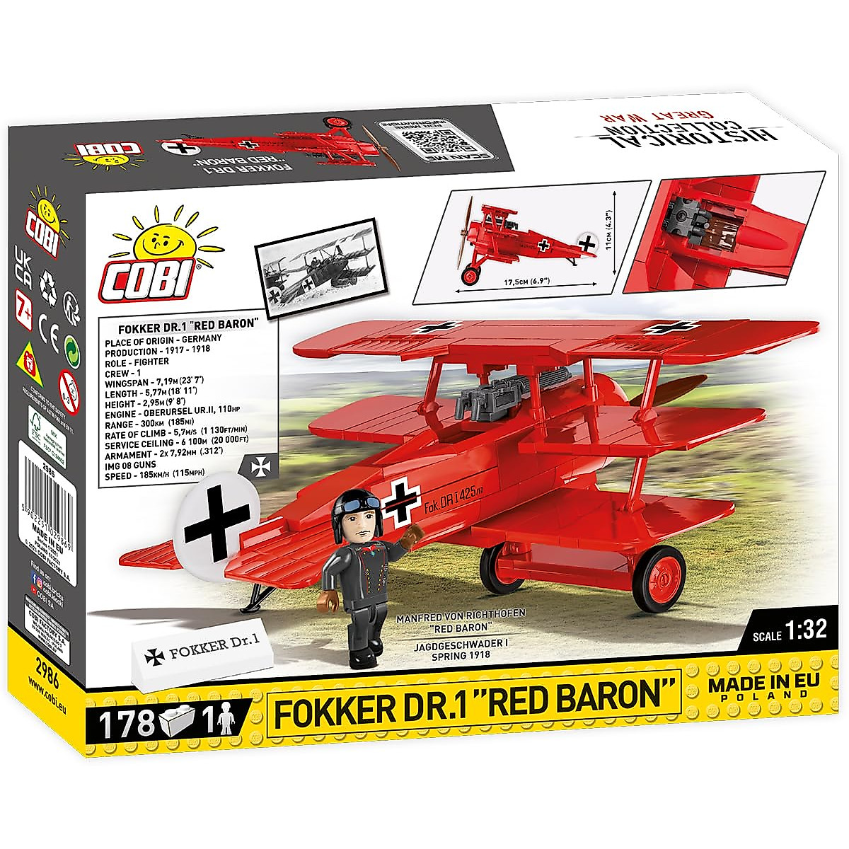 COBI Historical Collection: The Great War Fokker DR.1 Red Baron Plane,7+ years,178 pcs