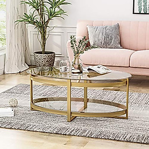 Christopher Knight Home Bell Tempered Glass Coffee Table | Round | Modern | Brass Finish, Clear