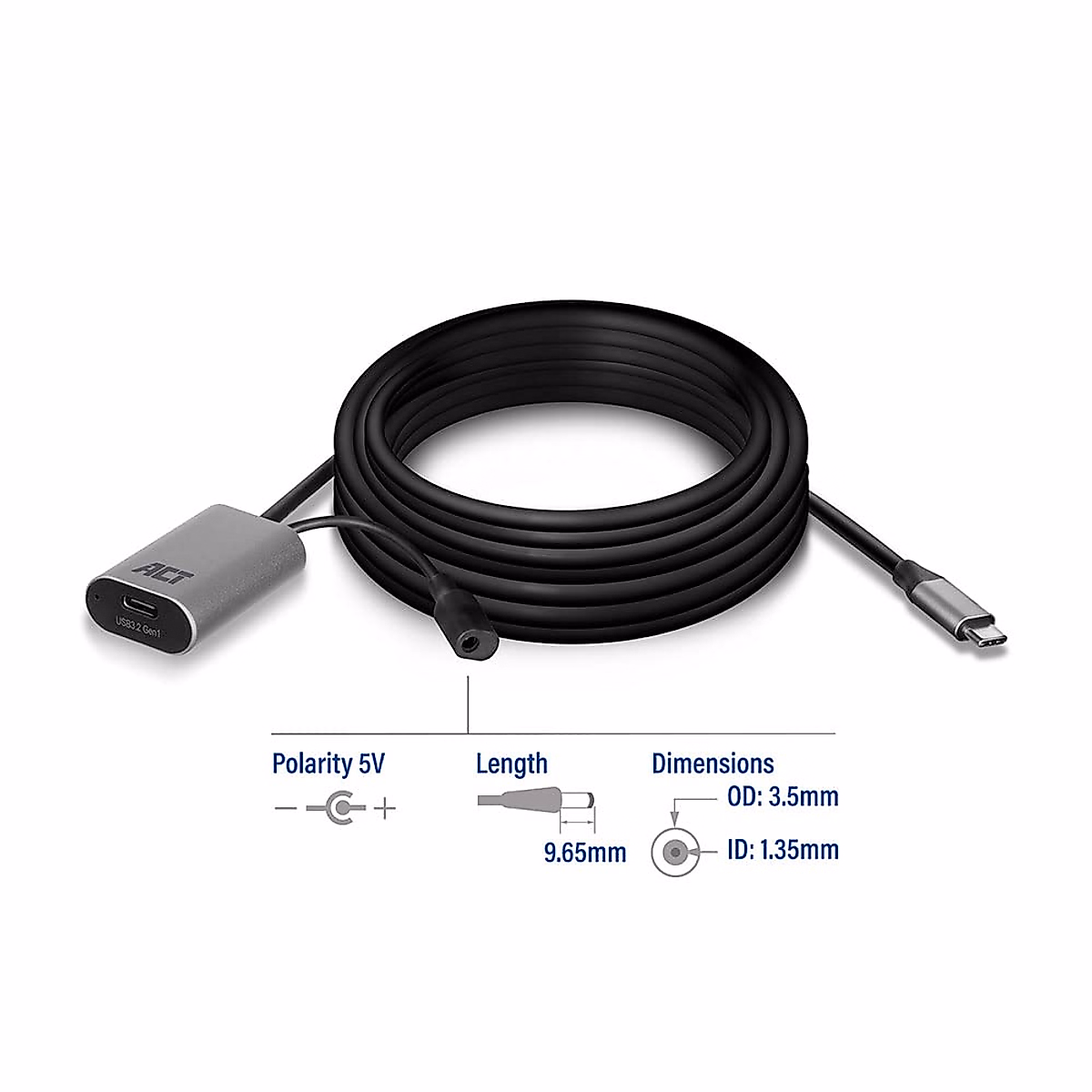 ACT Active USB C Extension Cable, USB 3.2 SuperSpeed 5 Gbps, Optional 5V Power Input, Extend up to 15m, Cable Length 5m - AC7060