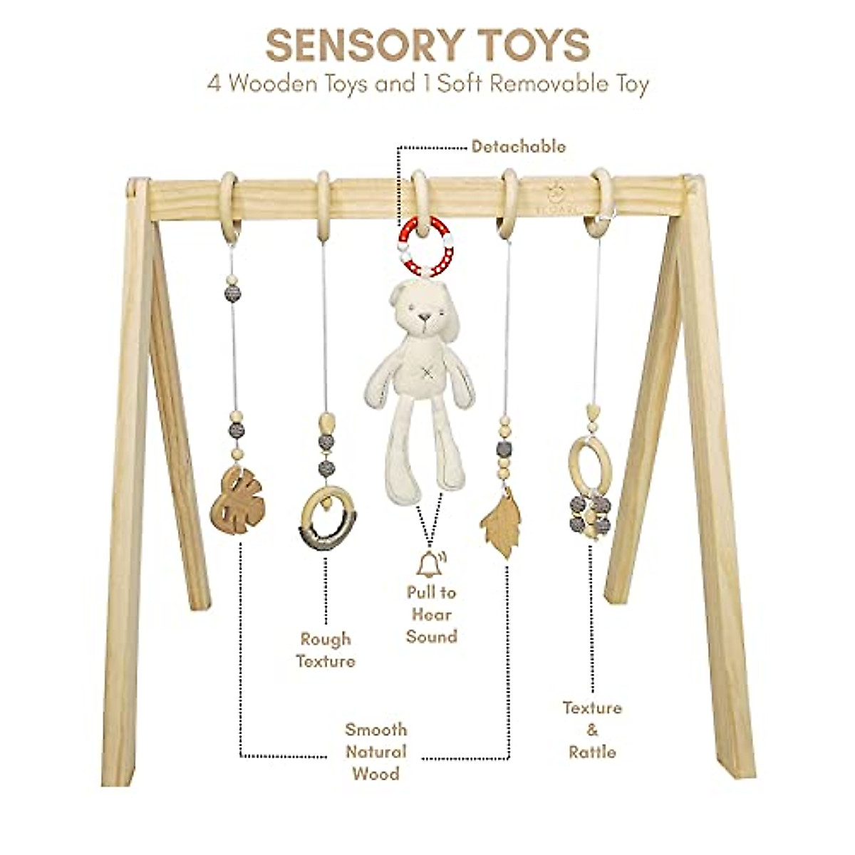 ECOADE Wooden Play Gym - Activity Gym for Baby with 4 Hanging Wooden Baby Toys and 1 Bunny Rattle, Gender Neutral Boho Nursery Decor, Minimalist Baby Nursery