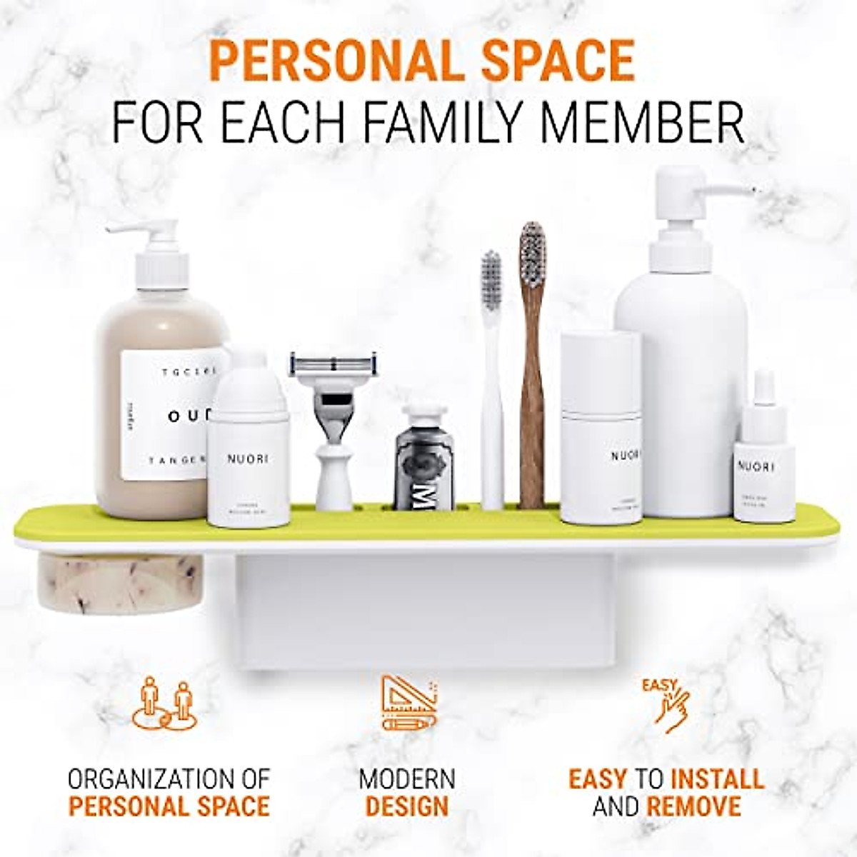 KUKAKETA Bathroom Organizer Shelf with Toothbrush Holders, Soap Dish, Shower Caddy Bathroom Shelves Wall Mounted Shower Shelf Space Saver Bathroom Storage - Adhesive or Drilling (white - yellow)