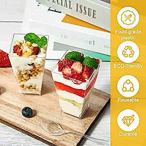JOLLY CHEF 100 x 3 oz Mini Dessert Cups with Spoons and Lids, Square Tall - Clear Plastic Parfait Appetizer Cup - Small Reusable Serving Bowl for Party Desserts Appetizers