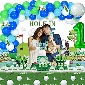129 PCs Hole In One First Birthday Decorations, Fiesec Golf 1st Party Decorations Backdrop Balloon Garland Banner Tablecloth Cake Cupcake Topper Box Cutout Crown Poster Golf Club Ball Green Blue