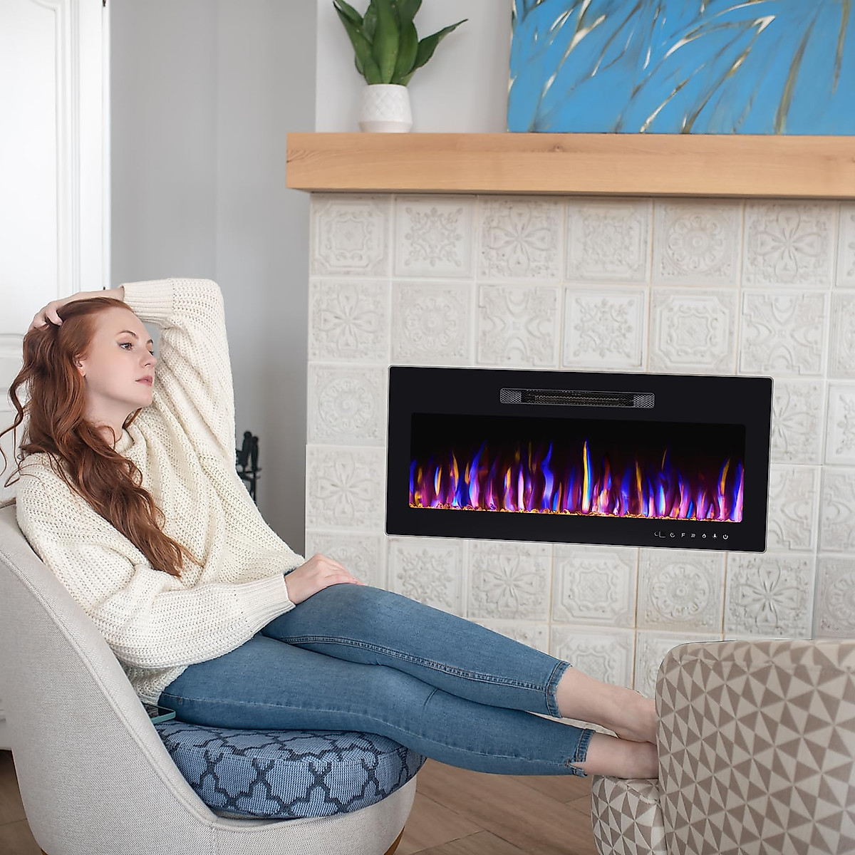 BETELNUT 40" Electric Fireplace Wall Mounted and Recessed w/144 Combination Colors & 5 Brightness,750/1500W Fireplace Heater w/Timer,Low Noise,Remote Control & Touch Screen,Log Set & Crystal Option